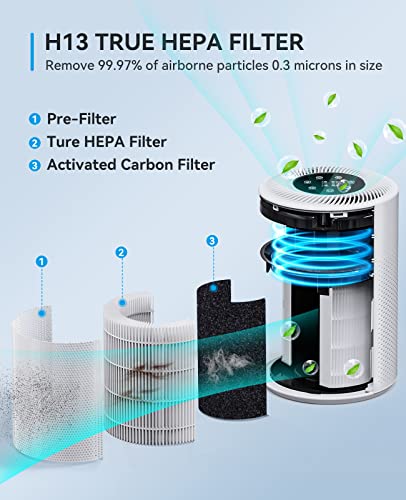 Air Purifier for Bedroom, H13 True HEPA Air Purifier for Home Large Room Up to 1722ft², with Night Light, 4 Timer, Light, Child Lock for Allergies Pets Dust Smoke Pollen Dander Hair Smell and Dog Odor