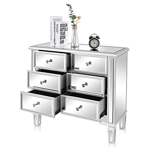 VINGLI Mirrored Dresser for Bedroom with 6 Storage Drawer Modern Chest of Drawers, Silver, 32”L x 12”W x 28”H