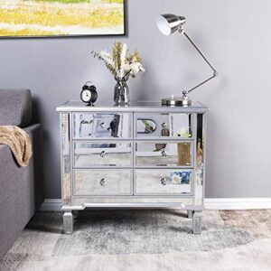 VINGLI Mirrored Dresser for Bedroom with 6 Storage Drawer Modern Chest of Drawers, Silver, 32”L x 12”W x 28”H