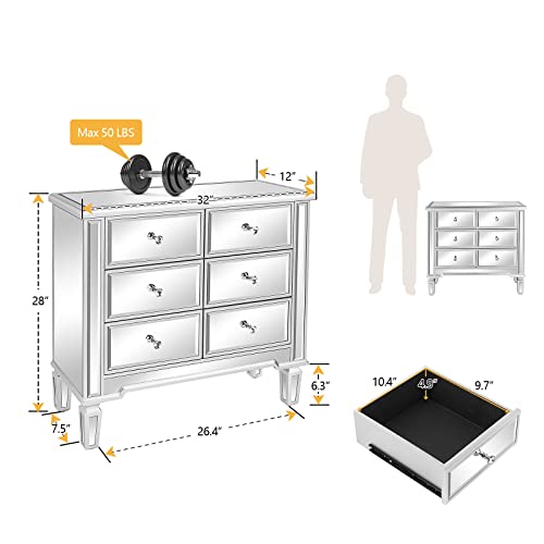 VINGLI Mirrored Dresser for Bedroom with 6 Storage Drawer Modern Chest of Drawers, Silver, 32”L x 12”W x 28”H