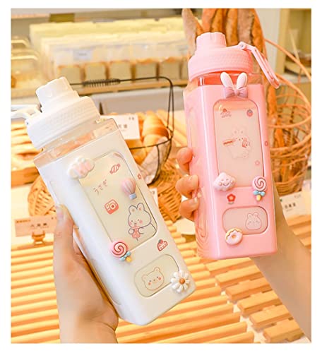 WANGZMTOU Kawaii Bear Pastel Water Bottle With 3D Sticker 700ml Plastic Travel Tea Juice Milk Portable Cute Shaker Drink Bottle Gift (White)