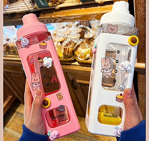 WANGZMTOU Kawaii Bear Pastel Water Bottle With 3D Sticker 700ml Plastic Travel Tea Juice Milk Portable Cute Shaker Drink Bottle Gift (White)