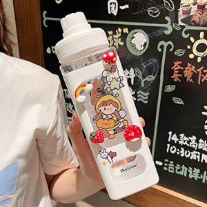 WANGZMTOU Kawaii Bear Pastel Water Bottle With 3D Sticker 700ml Plastic Travel Tea Juice Milk Portable Cute Shaker Drink Bottle Gift (White)