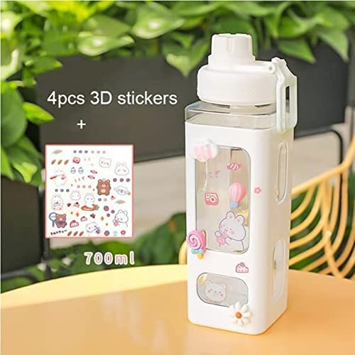 WANGZMTOU Kawaii Bear Pastel Water Bottle With 3D Sticker 700ml Plastic Travel Tea Juice Milk Portable Cute Shaker Drink Bottle Gift (White)