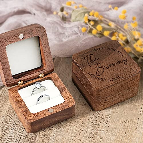 Funmii Custom Wedding Ring Box, Engraved Wodden Engagement Ring Box, Square Ring Holder for 2 Rings, Proposal Wedding Ceremony Ring Bearer Jewelry Box Gifts