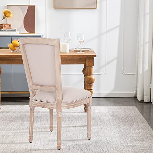 anjsindra Dining Chairs Set of 2 French Dining Room Chairs Linen Fabric Upholstered Farmhouse Bedroom Kitchen Chairs with Ladder Backrest Carving Solid Wood Leg Dining Chair, Beige