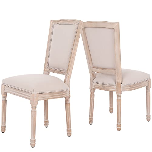 anjsindra Dining Chairs Set of 2 French Dining Room Chairs Linen Fabric Upholstered Farmhouse Bedroom Kitchen Chairs with Ladder Backrest Carving Solid Wood Leg Dining Chair, Beige