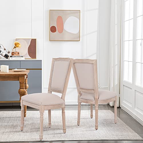 anjsindra Dining Chairs Set of 2 French Dining Room Chairs Linen Fabric Upholstered Farmhouse Bedroom Kitchen Chairs with Ladder Backrest Carving Solid Wood Leg Dining Chair, Beige