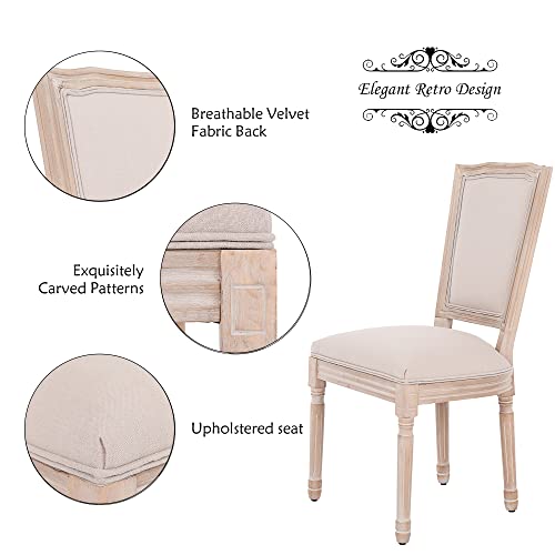 anjsindra Dining Chairs Set of 2 French Dining Room Chairs Linen Fabric Upholstered Farmhouse Bedroom Kitchen Chairs with Ladder Backrest Carving Solid Wood Leg Dining Chair, Beige