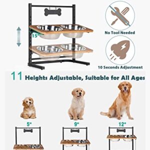 Realyoo Dog Elevated Bowls with Slow Feeder, 11 Heights 15° Tilted Stainless Steel Raised Dog Bowls Stand, Metal Food and Water Bowl for Large Medium Small Dogs and Cats