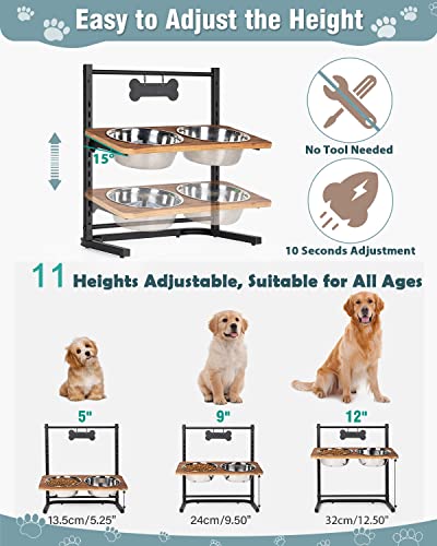 Realyoo Dog Elevated Bowls with Slow Feeder, 11 Heights 15° Tilted Stainless Steel Raised Dog Bowls Stand, Metal Food and Water Bowl for Large Medium Small Dogs and Cats