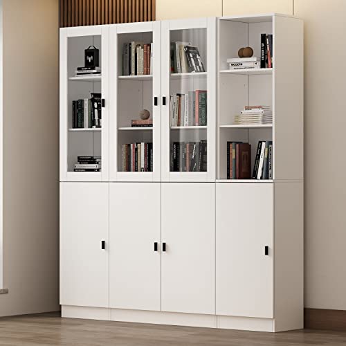 FAMAPY Storage Cabinet Set Bookcase Cabinet Display Cabinet with Glass Doors, Bookcase with Doors, Open Shelves, Black Handles, for Living Room White (62.9”W x 12.2”D x 70.9”H)