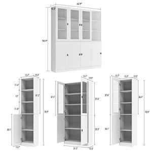 FAMAPY Storage Cabinet Set Bookcase Cabinet Display Cabinet with Glass Doors, Bookcase with Doors, Open Shelves, Black Handles, for Living Room White (62.9”W x 12.2”D x 70.9”H)