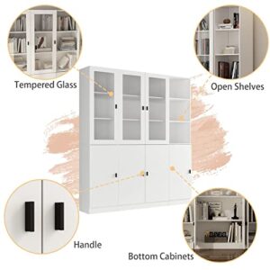 FAMAPY Storage Cabinet Set Bookcase Cabinet Display Cabinet with Glass Doors, Bookcase with Doors, Open Shelves, Black Handles, for Living Room White (62.9”W x 12.2”D x 70.9”H)