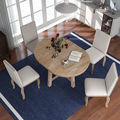 SIYAHOME Table & Chair, Farmhouse Round Extendable 4 Upholstered Chairs, Furniture Dining Room (Natural Wood Wash), 5-Piece Table Set