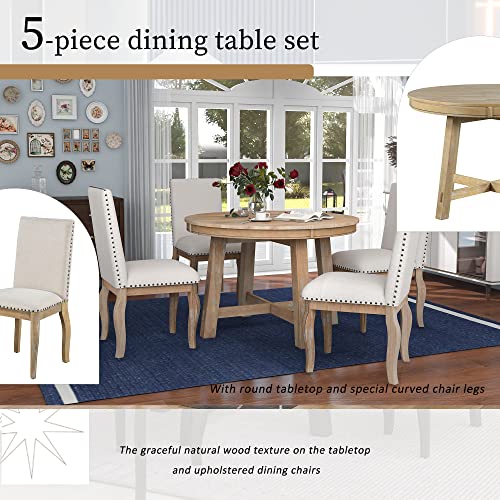 SIYAHOME Table & Chair, Farmhouse Round Extendable 4 Upholstered Chairs, Furniture Dining Room (Natural Wood Wash), 5-Piece Table Set