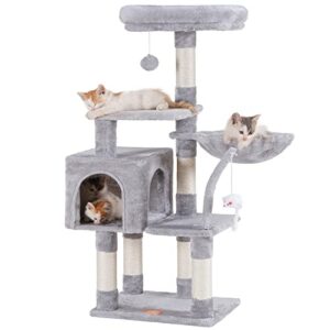 heybly cat tree with toy, cat tower condo for indoor cats, cat house with padded plush perch, cozy hammock and sisal scratching posts, light gray hct004sw