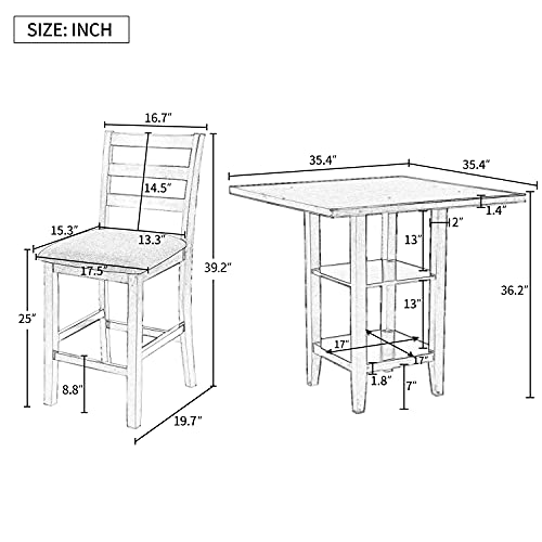 SIYAHOME Table & Chair Wooden Kitchen, Counter Height, Square 2-Tier Storage Shelving and 4 Padded Chairs, Family Fasion Furniture for Dining Room (Espresso), 5-Piece Table Set