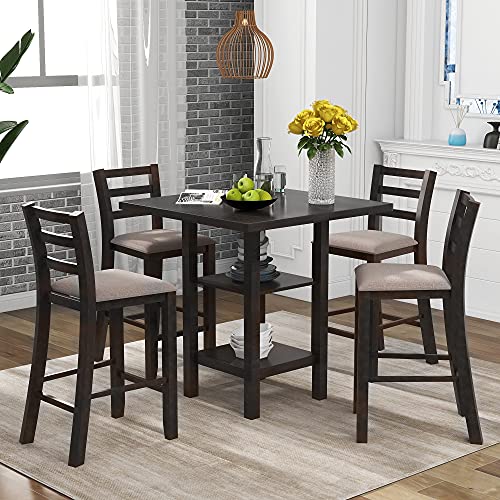 SIYAHOME Table & Chair Wooden Kitchen, Counter Height, Square 2-Tier Storage Shelving and 4 Padded Chairs, Family Fasion Furniture for Dining Room (Espresso), 5-Piece Table Set