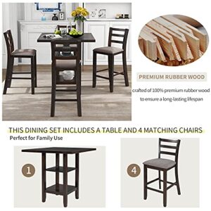 SIYAHOME Table & Chair Wooden Kitchen, Counter Height, Square 2-Tier Storage Shelving and 4 Padded Chairs, Family Fasion Furniture for Dining Room (Espresso), 5-Piece Table Set