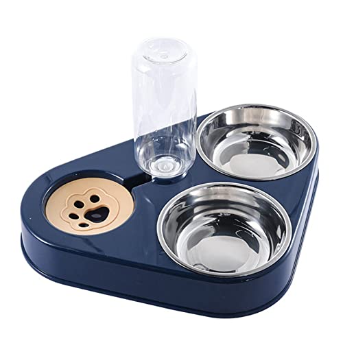 Dog Cat Double Bowl Food Water Feeder, 3 in 1 Pet Dog Feeder Bowl with 500ML Water Bottle,Automatic Water Storage,Anti-Tipping,Detachable,Cat Food Water Bowl Set (Blue)