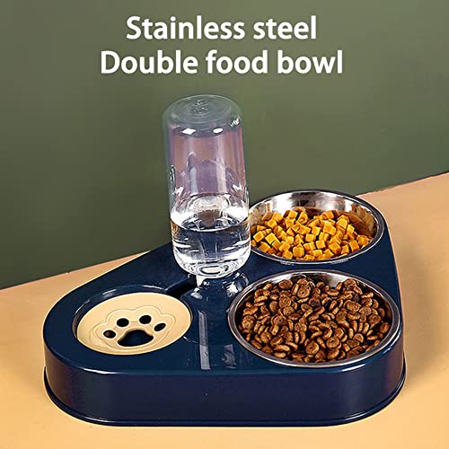 Dog Cat Double Bowl Food Water Feeder, 3 in 1 Pet Dog Feeder Bowl with 500ML Water Bottle,Automatic Water Storage,Anti-Tipping,Detachable,Cat Food Water Bowl Set (Blue)