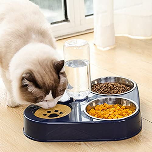 Dog Cat Double Bowl Food Water Feeder, 3 in 1 Pet Dog Feeder Bowl with 500ML Water Bottle,Automatic Water Storage,Anti-Tipping,Detachable,Cat Food Water Bowl Set (Blue)