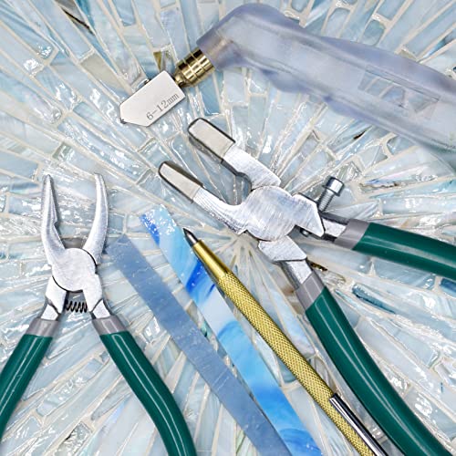 GINWORD 9Pcs Heavy Duty Glass Running Breaking Pliers and Class Cutters Tools Kit, Breaker Grozer Pliers with Curved Jaws,Glass Cutters for Stained Glass, Mosaics, Fusing, Breaking