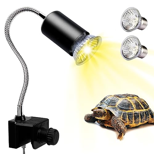 PewinGo Reptile Heat Lamp, UVA UVB Light for Aquarium Turtle Tank, with 2 * 50w Basking Bulb and 360° Swivel Clamp Stand for Tortoise, Snake, Frog, Lizard, Cockatoo, Chameleon. Halogen, Yellow Light