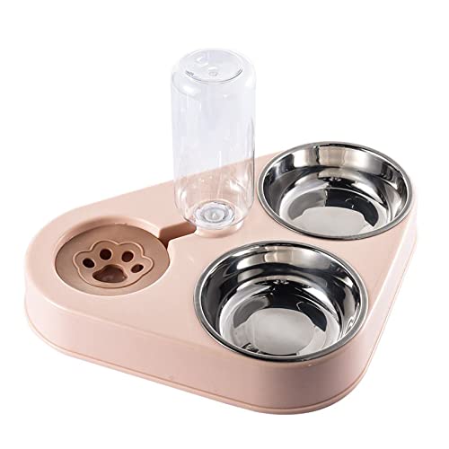 Dog Cat Double Bowl Food Water Feeder, 3 in 1 Pet Dog Feeder Bowl with 500ML Water Bottle,Automatic Water Storage,Anti-Tipping,Detachable,Cat Food Water Bowl Set (Pink)