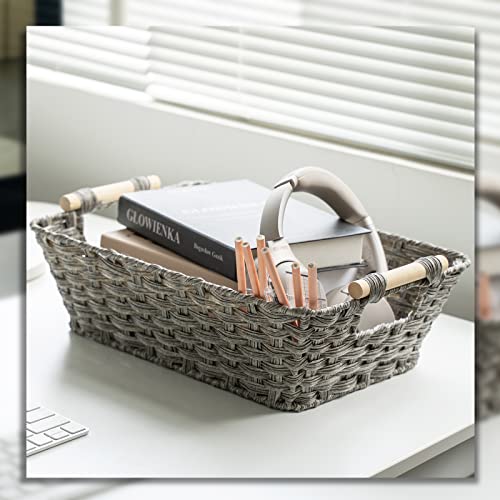 ROSOS Wicker Baskets 2 Pack, Washable Big Wicker Baskets for Storage with Wooden Handles, Waterproof Plastic Wicker Storage Basket for Shelves, Large Wicker Basket in Size 14.5"x10.6"x4.5", Grey