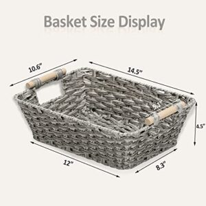 ROSOS Wicker Baskets 2 Pack, Washable Big Wicker Baskets for Storage with Wooden Handles, Waterproof Plastic Wicker Storage Basket for Shelves, Large Wicker Basket in Size 14.5"x10.6"x4.5", Grey