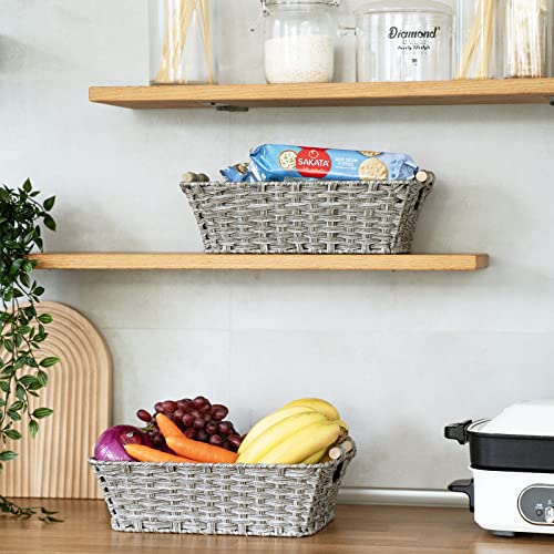 ROSOS Wicker Baskets 2 Pack, Washable Big Wicker Baskets for Storage with Wooden Handles, Waterproof Plastic Wicker Storage Basket for Shelves, Large Wicker Basket in Size 14.5"x10.6"x4.5", Grey