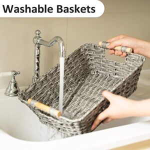 ROSOS Wicker Baskets 2 Pack, Washable Big Wicker Baskets for Storage with Wooden Handles, Waterproof Plastic Wicker Storage Basket for Shelves, Large Wicker Basket in Size 14.5"x10.6"x4.5", Grey