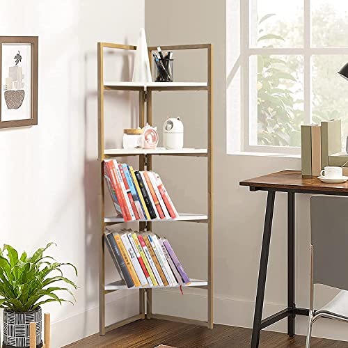 VERYKE 4 Tier Corner Shelf Standing Display Rack Corner Bookshelf Storage Plant Rack with Metal Frame Multipurpose Plant Stand for Living Room, Office, Kitchen, Small Space (Gold/White)