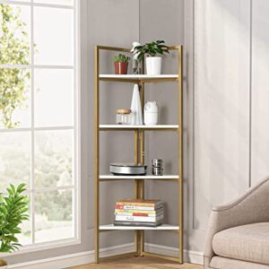 VERYKE 4 Tier Corner Shelf Standing Display Rack Corner Bookshelf Storage Plant Rack with Metal Frame Multipurpose Plant Stand for Living Room, Office, Kitchen, Small Space (Gold/White)