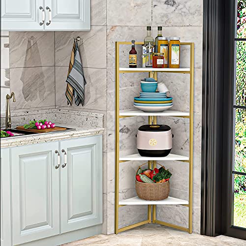 VERYKE 4 Tier Corner Shelf Standing Display Rack Corner Bookshelf Storage Plant Rack with Metal Frame Multipurpose Plant Stand for Living Room, Office, Kitchen, Small Space (Gold/White)