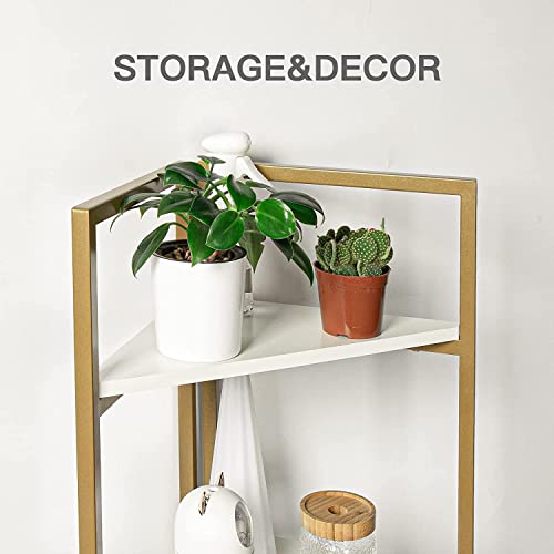 VERYKE 4 Tier Corner Shelf Standing Display Rack Corner Bookshelf Storage Plant Rack with Metal Frame Multipurpose Plant Stand for Living Room, Office, Kitchen, Small Space (Gold/White)