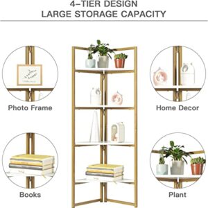 VERYKE 4 Tier Corner Shelf Standing Display Rack Corner Bookshelf Storage Plant Rack with Metal Frame Multipurpose Plant Stand for Living Room, Office, Kitchen, Small Space (Gold/White)