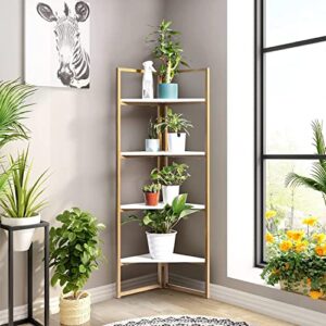 VERYKE 4 Tier Corner Shelf Standing Display Rack Corner Bookshelf Storage Plant Rack with Metal Frame Multipurpose Plant Stand for Living Room, Office, Kitchen, Small Space (Gold/White)