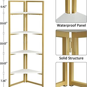 VERYKE 4 Tier Corner Shelf Standing Display Rack Corner Bookshelf Storage Plant Rack with Metal Frame Multipurpose Plant Stand for Living Room, Office, Kitchen, Small Space (Gold/White)