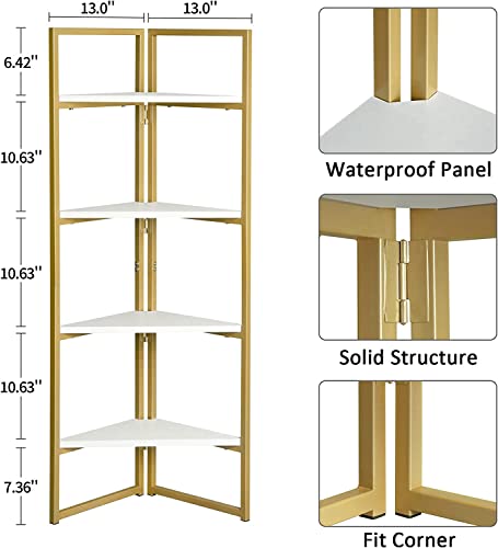 VERYKE 4 Tier Corner Shelf Standing Display Rack Corner Bookshelf Storage Plant Rack with Metal Frame Multipurpose Plant Stand for Living Room, Office, Kitchen, Small Space (Gold/White)