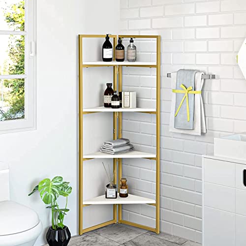 VERYKE 4 Tier Corner Shelf Standing Display Rack Corner Bookshelf Storage Plant Rack with Metal Frame Multipurpose Plant Stand for Living Room, Office, Kitchen, Small Space (Gold/White)