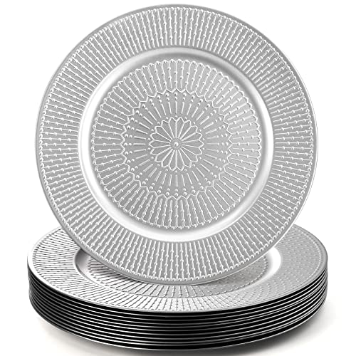 DEAYOU 12 Pack Round Charger Plate, 13-inch Silver Beaded Chargers for Dinner Plates, Plastic Reusable Charger Plate, Decorative Charger Platters for Wedding, Table Setting, Party, Event, Holiday