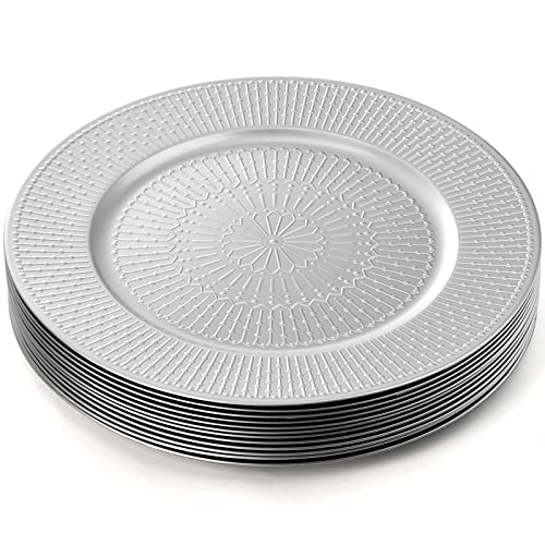 DEAYOU 12 Pack Round Charger Plate, 13-inch Silver Beaded Chargers for Dinner Plates, Plastic Reusable Charger Plate, Decorative Charger Platters for Wedding, Table Setting, Party, Event, Holiday