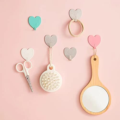 JtmyAota 6 Pack Heart Shaped Decorative Wall Hooks, Stainless Steel Strong Adhesive Wall Hook for Home Kitchen Bathroom Office (Light Pink)