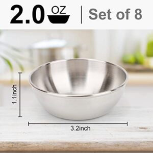 8Pcs 3.2inch Sauce Dishes Dipping Small Bowls - 2 oz Mini Stainless Steel Saucers Dish Cook Prep Side Dish Soy Sauce Sushi Dip Dishes Condiment Seasoning Serving Appetizer Plates Pinch Bowl Set