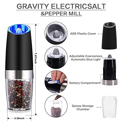 Geolinca Gravity Electric Pepper Grinder, Salt or Pepper Mill & Adjustable Coarseness, Battery Powered with LED Light, One Hand Automatic Operation