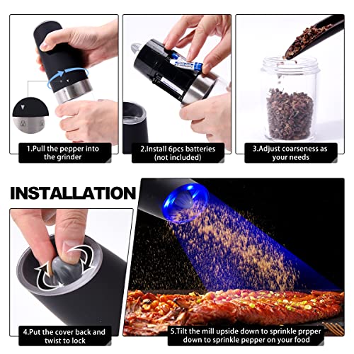 Geolinca Gravity Electric Pepper Grinder, Salt or Pepper Mill & Adjustable Coarseness, Battery Powered with LED Light, One Hand Automatic Operation