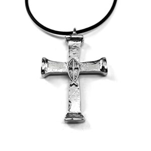 horse nails rhodium metal finish cross pendant black rubber cord necklace